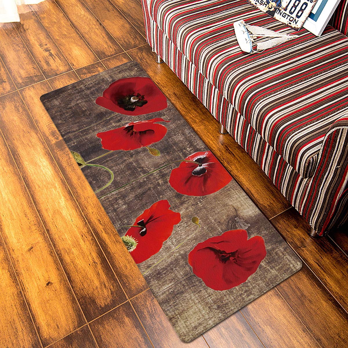 Red Flower Antifatigue Kitchen Bath Door Mat Cushioned Runner Rug,Washable Welcome Floor Sink Mat,Old Wooden Grain Red Poppy Floral Waterproof & Non-Slip Comfort Standing Doormat for Kitchen,18"x30"