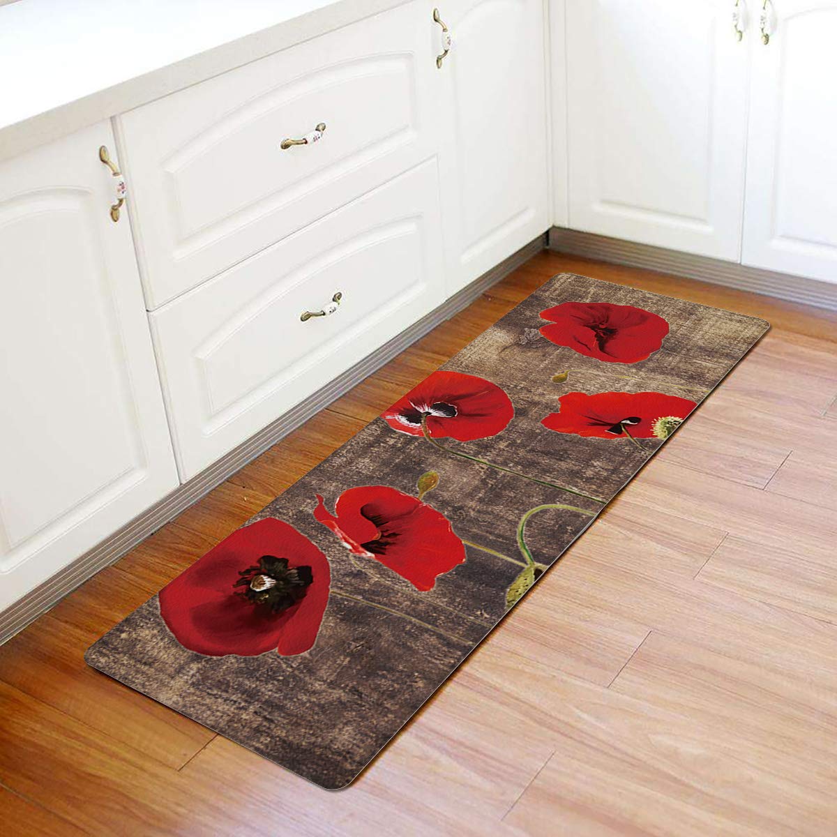 Red Flower Antifatigue Kitchen Bath Door Mat Cushioned Runner Rug,Washable Welcome Floor Sink Mat,Old Wooden Grain Red Poppy Floral Waterproof & Non-Slip Comfort Standing Doormat for Kitchen,18"x30"