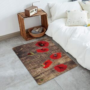 Red Flower Antifatigue Kitchen Bath Door Mat Cushioned Runner Rug,Washable Welcome Floor Sink Mat,Old Wooden Grain Red Poppy Floral Waterproof & Non-Slip Comfort Standing Doormat for Kitchen,18"x30"