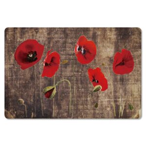 Red Flower Antifatigue Kitchen Bath Door Mat Cushioned Runner Rug,Washable Welcome Floor Sink Mat,Old Wooden Grain Red Poppy Floral Waterproof & Non-Slip Comfort Standing Doormat for Kitchen,18"x30"