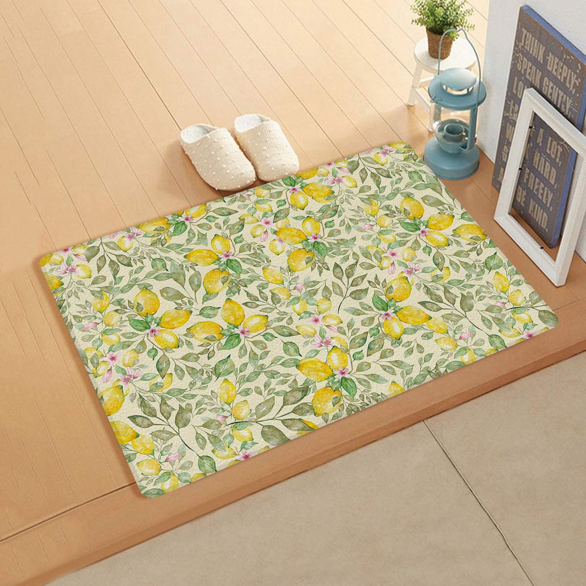 Yellow Fruit Lemon Leaves Antifatigue Kitchen Bath Door Mat Cushioned Runner Rug, Washable Welcome Floor Sink Mat, Pink Floral Waterproof & Non-Slip Comfort Standing Doormat for Kitchen, 18"x30"