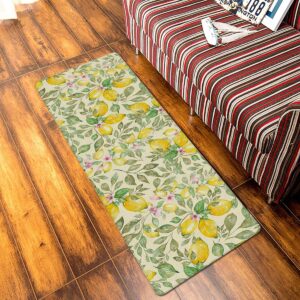 Yellow Fruit Lemon Leaves Antifatigue Kitchen Bath Door Mat Cushioned Runner Rug, Washable Welcome Floor Sink Mat, Pink Floral Waterproof & Non-Slip Comfort Standing Doormat for Kitchen, 18"x30"