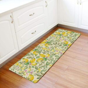 Yellow Fruit Lemon Leaves Antifatigue Kitchen Bath Door Mat Cushioned Runner Rug, Washable Welcome Floor Sink Mat, Pink Floral Waterproof & Non-Slip Comfort Standing Doormat for Kitchen, 18"x30"