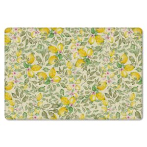 Yellow Fruit Lemon Leaves Antifatigue Kitchen Bath Door Mat Cushioned Runner Rug, Washable Welcome Floor Sink Mat, Pink Floral Waterproof & Non-Slip Comfort Standing Doormat for Kitchen, 18"x30"