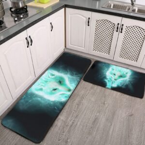 youtary cool cyan walking wolf pattern kitchen rug set 2 pcs floor mats washable non-slip soft flannel runner rug doormat carpet for floor home bathroom, 17" x 47"+17" x 24"-m