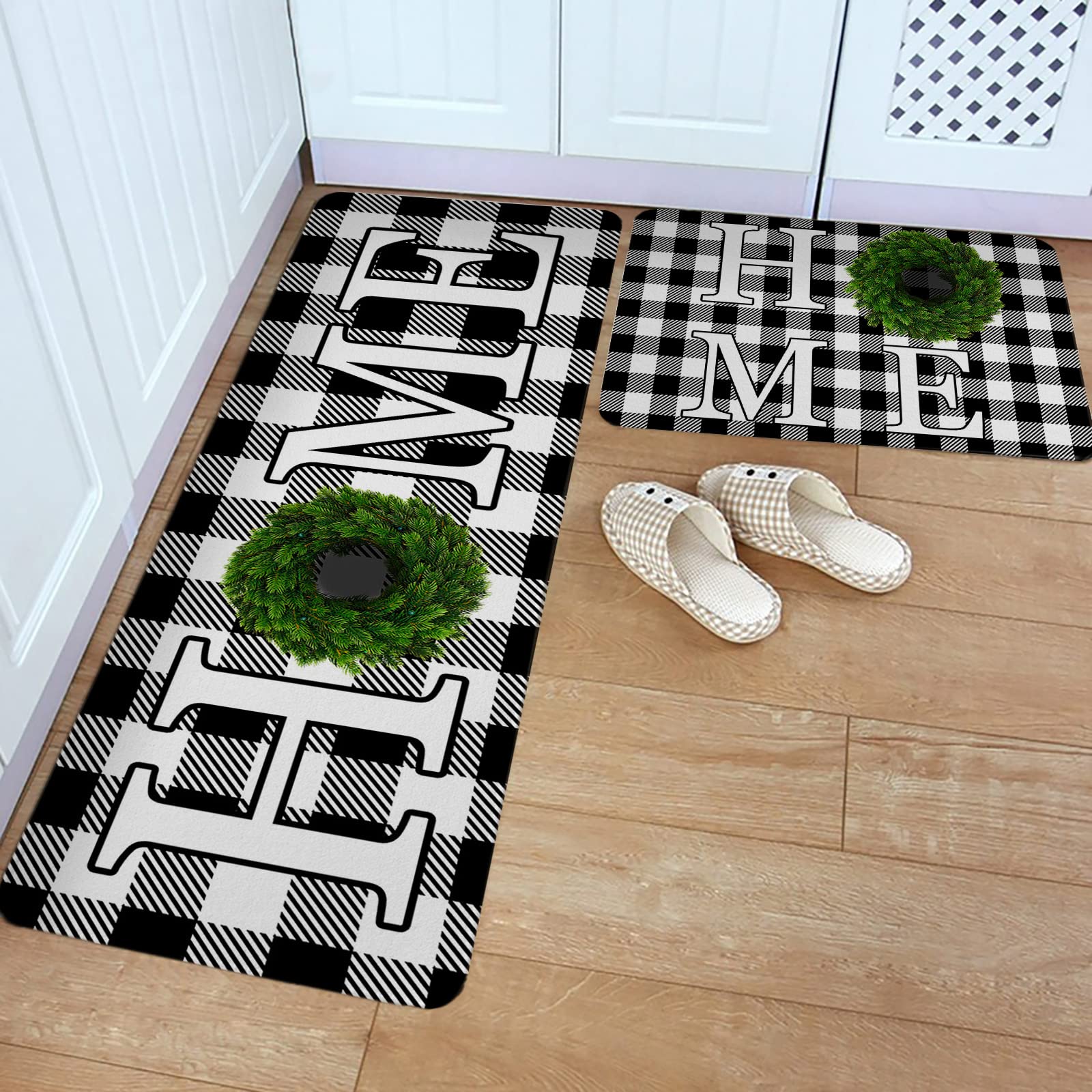 Home Wreath Black and White Buffalo Checkered Kitchen Rug 2 PCS Non-Slip Soft Absorbent Standing Mats for Kitchen Bathroom Living Room Laundry Room Runner Rug Set 18x30+18x59