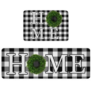 Home Wreath Black and White Buffalo Checkered Kitchen Rug 2 PCS Non-Slip Soft Absorbent Standing Mats for Kitchen Bathroom Living Room Laundry Room Runner Rug Set 18x30+18x59