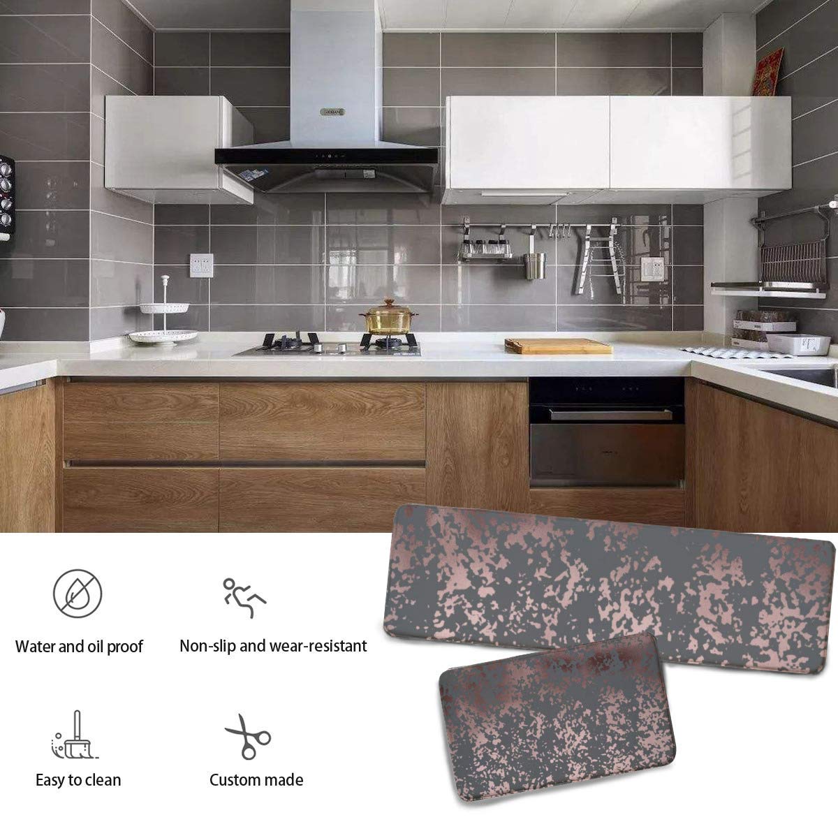 Midetoy Kitchen Rugs and Mats Set Elegant Faux Rose Gold and Grey Brushstrokes Anti Fatigue Kitchen Rug Non Slip Floor Rugs Indoor Outdoor 17"X48"+17"X24"