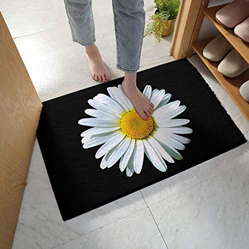 Shag Bath Rug Doormat,White Yellow Daisy Flower on Black Back Washable Microfiber Plush Floor Mat, Absorbent Floor Mats with Non Slip Backing for Bathroom Kitchen Bedroom Rustic Blossom Floral