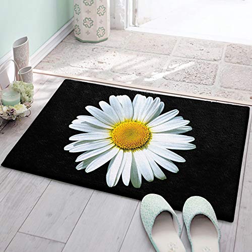 Shag Bath Rug Doormat,White Yellow Daisy Flower on Black Back Washable Microfiber Plush Floor Mat, Absorbent Floor Mats with Non Slip Backing for Bathroom Kitchen Bedroom Rustic Blossom Floral