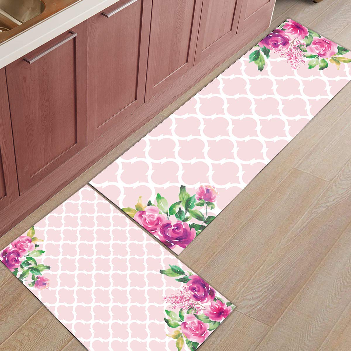 Kitchen Rug Sets 2 Piece Pink Morocco Pattern Non Slip Anti Fatigue Floor Mats Blooming Flowers Spring Comfort Soft Absorb Cushioned Standing Doormat Runner Rugs (15.7x23.6+15.7x47.2 inch)