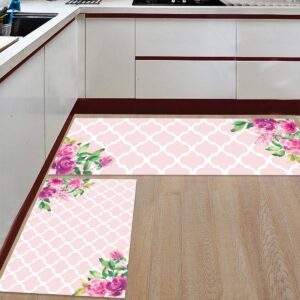 Kitchen Rug Sets 2 Piece Pink Morocco Pattern Non Slip Anti Fatigue Floor Mats Blooming Flowers Spring Comfort Soft Absorb Cushioned Standing Doormat Runner Rugs (15.7x23.6+15.7x47.2 inch)