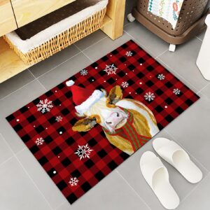 Arts Print Kitchen Rug Mat Set of 2,Farm Cow with Christmas Hat and Scarf Red and Black Buffalo Plaid Runner Rug,Non-Slip Durable Kitchen Floor Mat for Sink,15.7x23.6Inch+15.7x47.2Inch