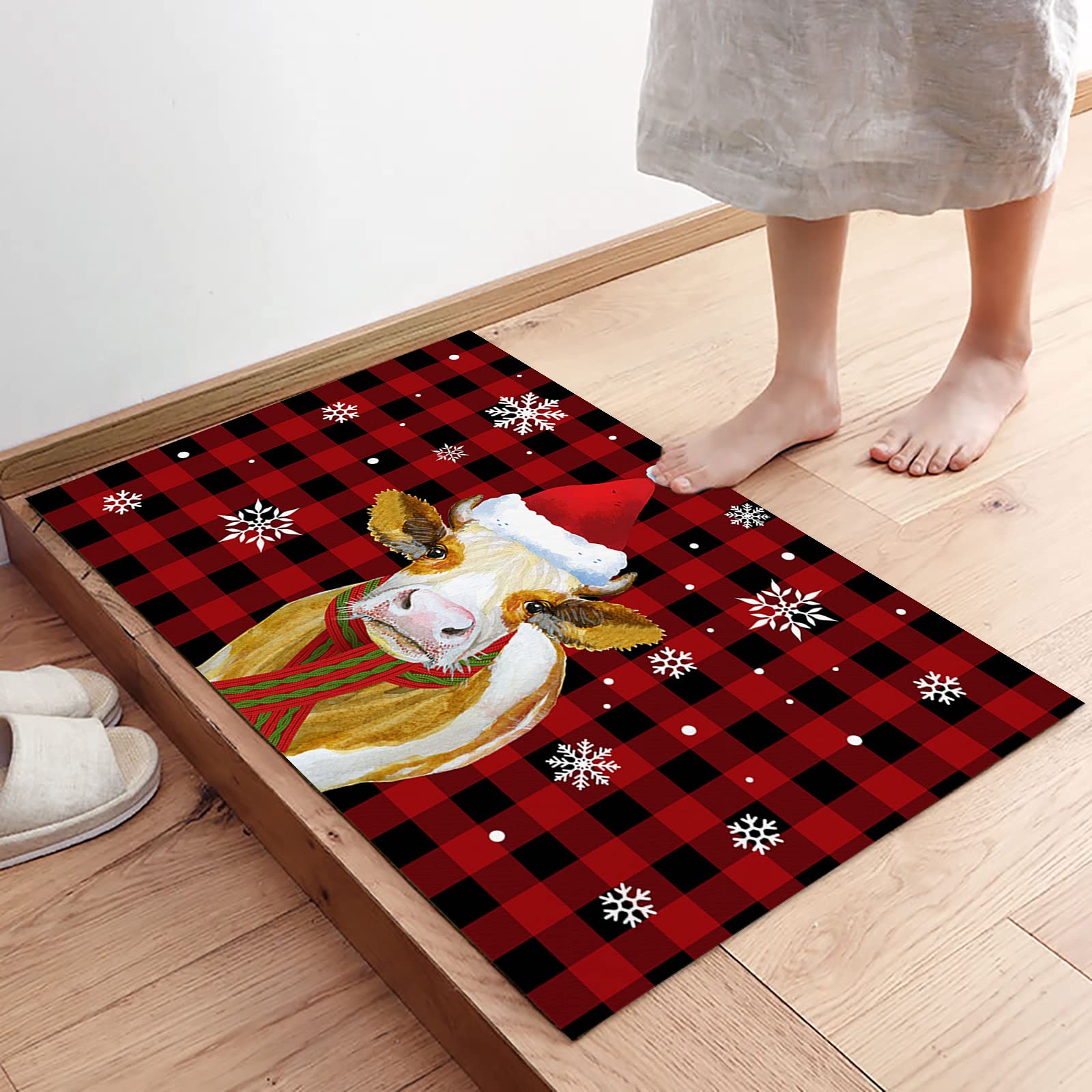 Arts Print Kitchen Rug Mat Set of 2,Farm Cow with Christmas Hat and Scarf Red and Black Buffalo Plaid Runner Rug,Non-Slip Durable Kitchen Floor Mat for Sink,15.7x23.6Inch+15.7x47.2Inch