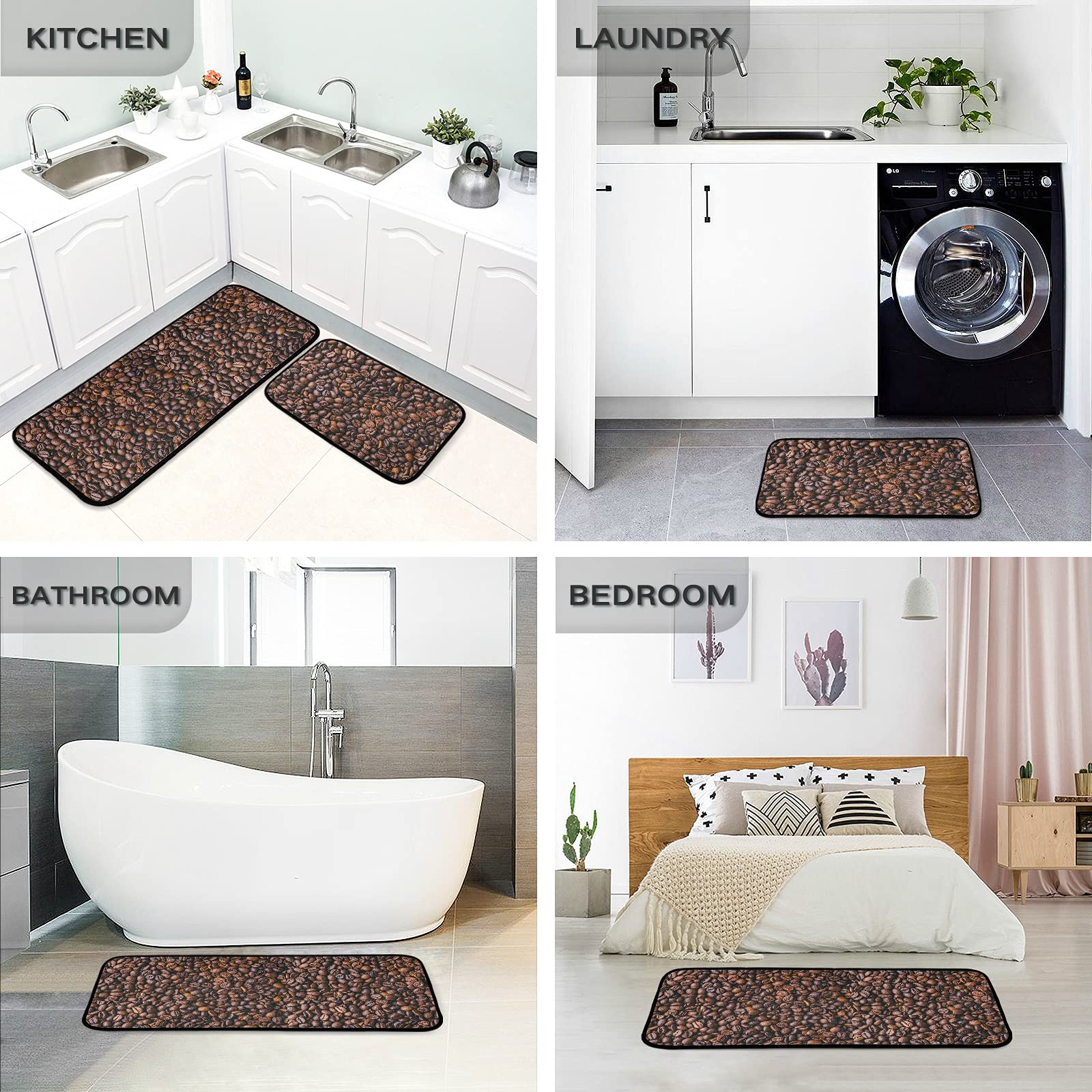 Brown Coffee Beans Kitchen Mat Set of 2 Anti-Fatigue Kitchen Rug Set Washable Memory Foam Cushioned Non Slip Kitchen Runner Rugs and Mats Comfort Standing Mat for Office Desk Sink Laundry Home Decor