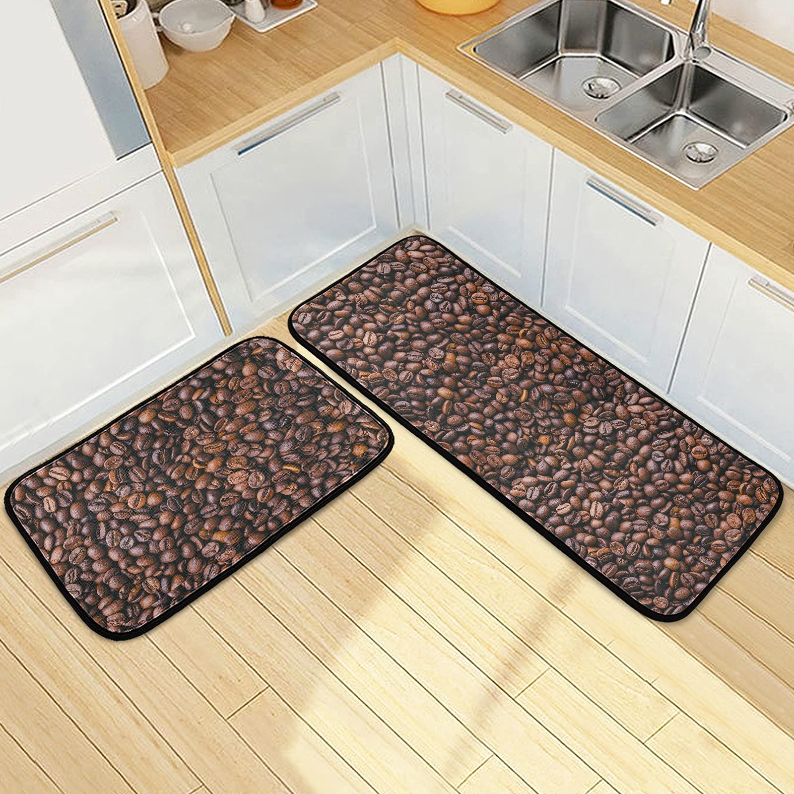 Brown Coffee Beans Kitchen Mat Set of 2 Anti-Fatigue Kitchen Rug Set Washable Memory Foam Cushioned Non Slip Kitchen Runner Rugs and Mats Comfort Standing Mat for Office Desk Sink Laundry Home Decor