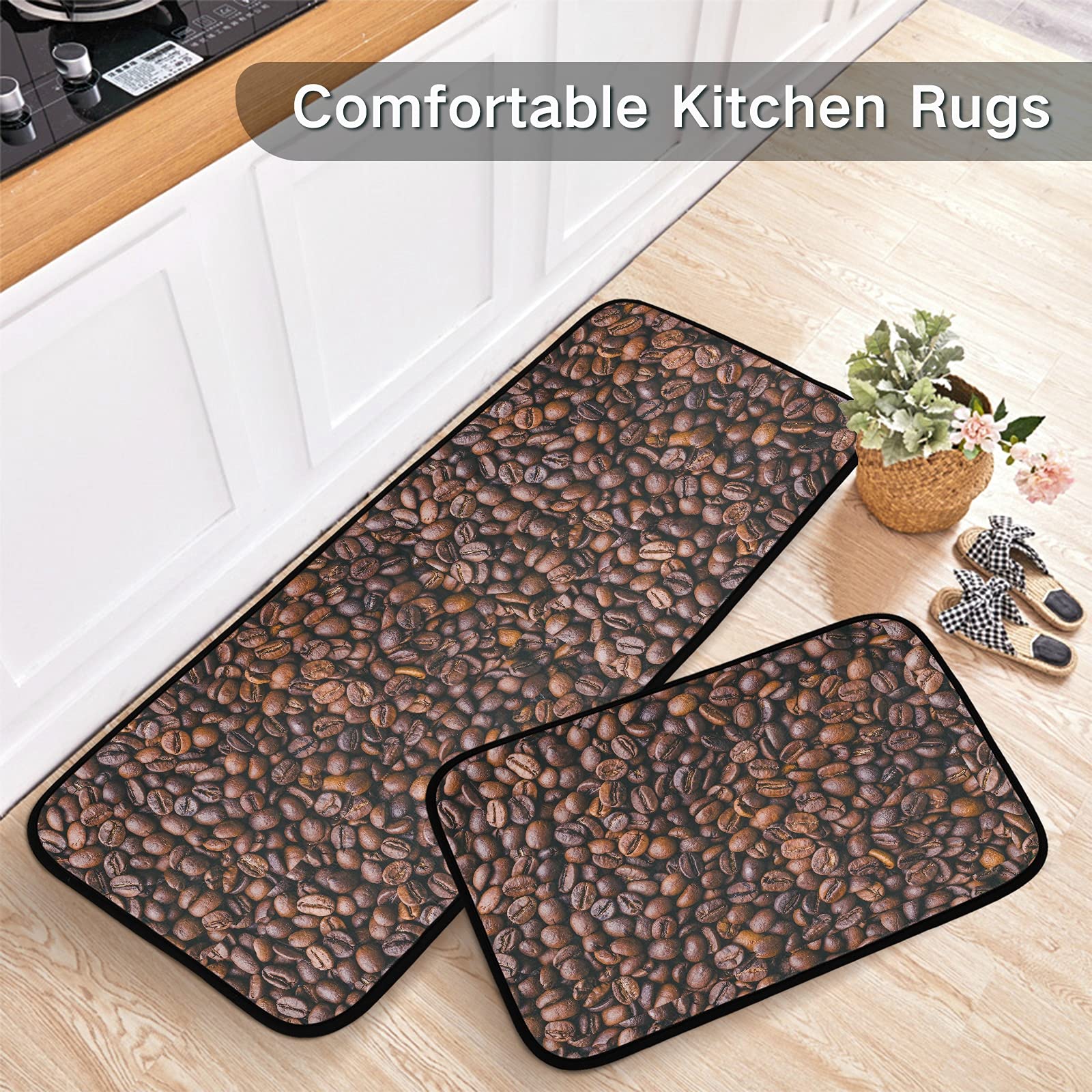 Brown Coffee Beans Kitchen Mat Set of 2 Anti-Fatigue Kitchen Rug Set Washable Memory Foam Cushioned Non Slip Kitchen Runner Rugs and Mats Comfort Standing Mat for Office Desk Sink Laundry Home Decor