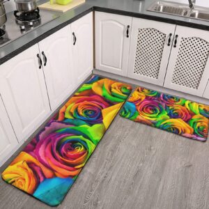 midetoy kitchen rug and mat set rainbow rose flowers colorful floral non-slip rubber back floor mats 2 pieces washable kitchen carpet floor mat 17"x48"+17"x24"