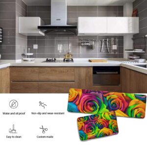 Midetoy Kitchen Rug and Mat Set Rainbow Rose Flowers Colorful Floral Non-Slip Rubber Back Floor Mats 2 Pieces Washable Kitchen Carpet Floor Mat 17"x48"+17"x24"