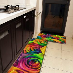 Midetoy Kitchen Rug and Mat Set Rainbow Rose Flowers Colorful Floral Non-Slip Rubber Back Floor Mats 2 Pieces Washable Kitchen Carpet Floor Mat 17"x48"+17"x24"