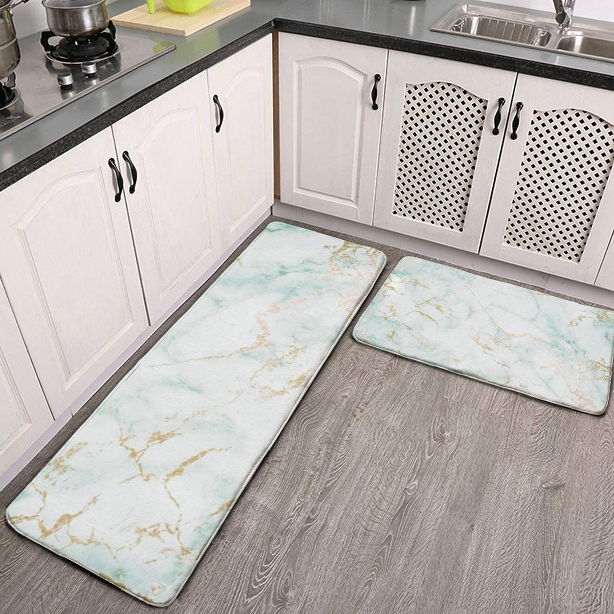 Mouthdodo 2 Pcs Kitchen Rug Set, White Mint Green Marble Gold Gray Glam Non-Slip Kitchen Mats and Rugs Soft Flannel Non-Slip Area Runner Rugs Washable Durable Doormat Carpet, OneSize