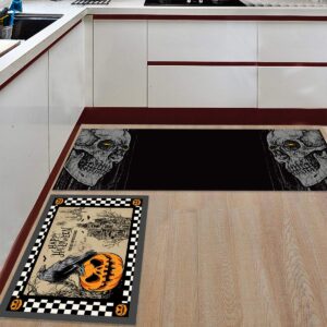 savannan 2 piece kitchen rug set, halloween terror skull dark floor mat non-skid cozy runner rug doormat carpet for home office bathroom bedroom laundry