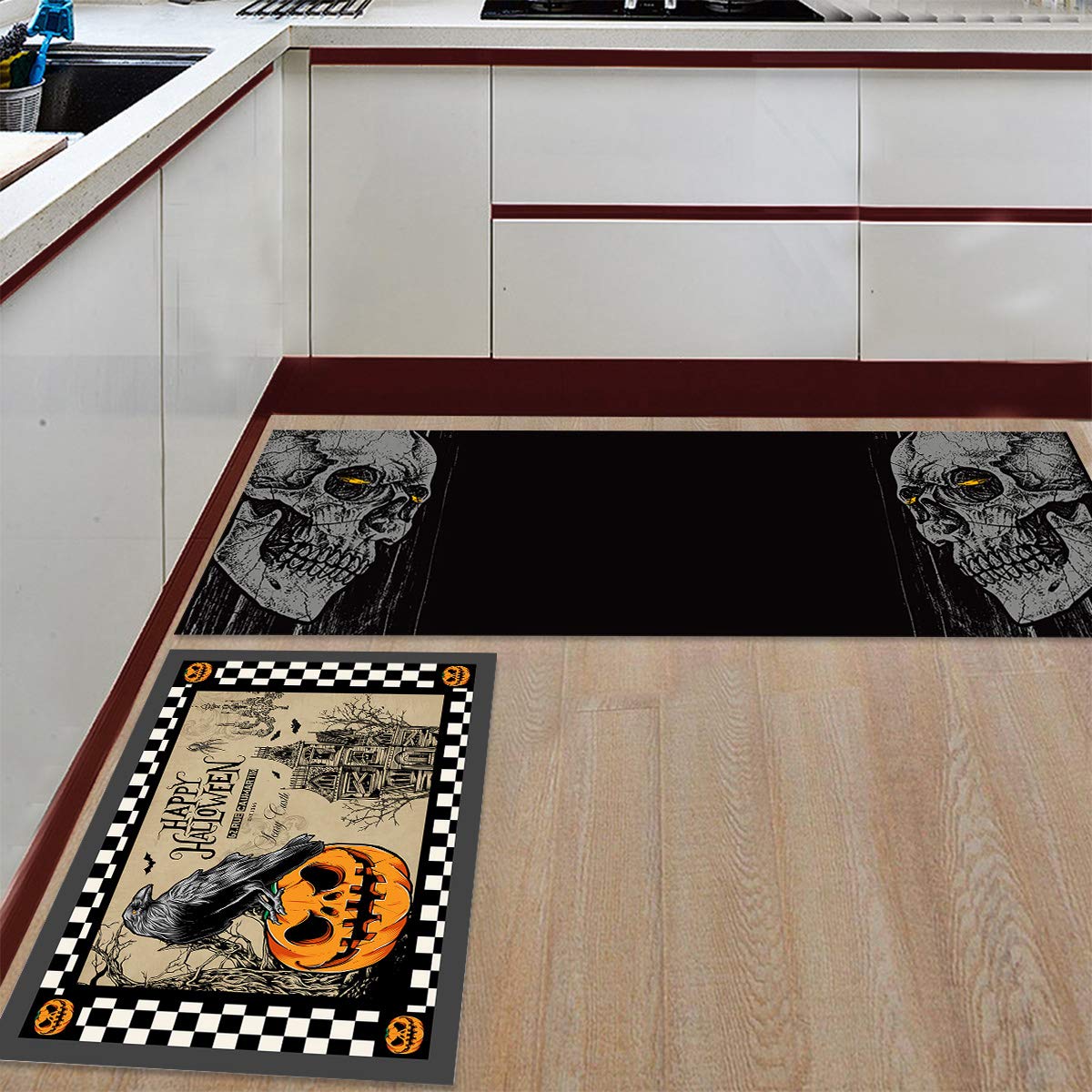 Savannan 2 Piece Kitchen Rug Set, Halloween Terror Skull Dark Floor Mat Non-Skid Cozy Runner Rug Doormat Carpet for Home Office Bathroom Bedroom Laundry