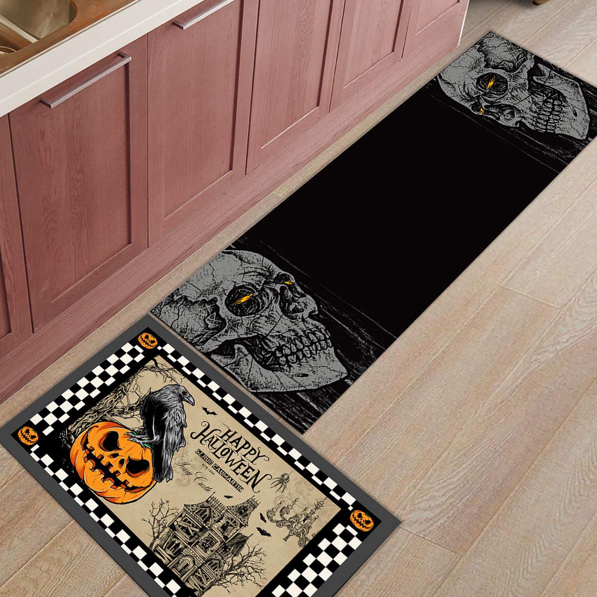 Savannan 2 Piece Kitchen Rug Set, Halloween Terror Skull Dark Floor Mat Non-Skid Cozy Runner Rug Doormat Carpet for Home Office Bathroom Bedroom Laundry