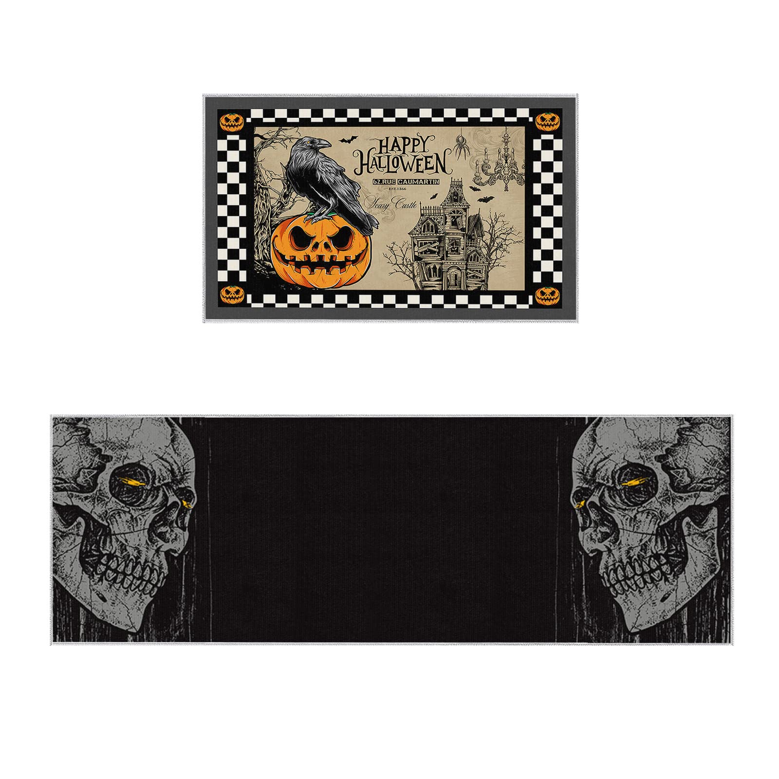 Savannan 2 Piece Kitchen Rug Set, Halloween Terror Skull Dark Floor Mat Non-Skid Cozy Runner Rug Doormat Carpet for Home Office Bathroom Bedroom Laundry