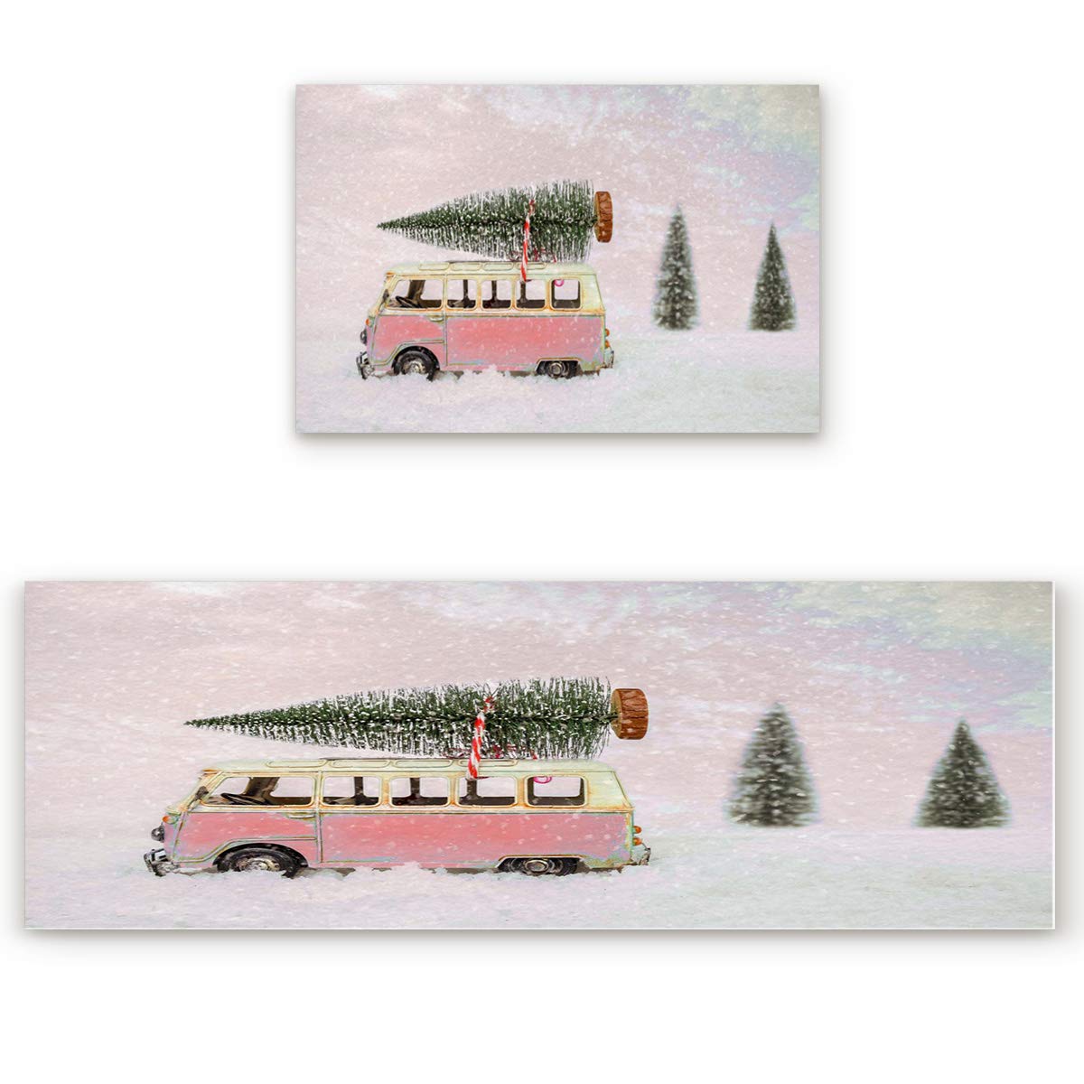 LooPoP Pink Christmas Kitchen Mats for Floor Cushioned Anti Fatigue 2 Piece Set Kitchen Runner Rugs Non Skid Washable Snow Bus Pine Tree