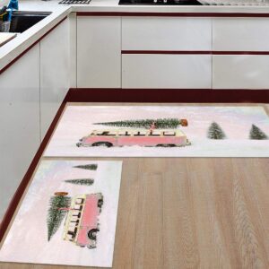 LooPoP Pink Christmas Kitchen Mats for Floor Cushioned Anti Fatigue 2 Piece Set Kitchen Runner Rugs Non Skid Washable Snow Bus Pine Tree