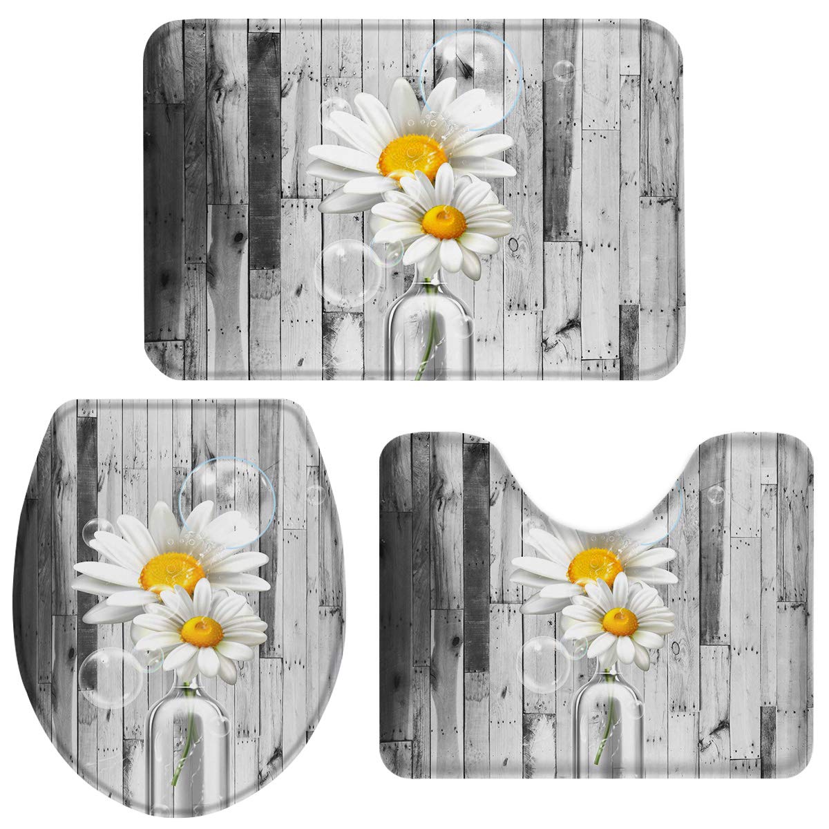 Bathroom Rugs and Mats Set 3 Pcs, Farm White Daisy Flowers in Glass Vase Anti Slip Soft Mats Water Absorbent Bath Rug, Lid Cover, U-Shaped Contour Rug, Retro Grey Wooden Board