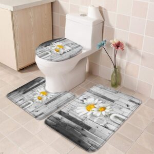 Bathroom Rugs and Mats Set 3 Pcs, Farm White Daisy Flowers in Glass Vase Anti Slip Soft Mats Water Absorbent Bath Rug, Lid Cover, U-Shaped Contour Rug, Retro Grey Wooden Board