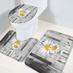 Bathroom Rugs and Mats Set 3 Pcs, Farm White Daisy Flowers in Glass Vase Anti Slip Soft Mats Water Absorbent Bath Rug, Lid Cover, U-Shaped Contour Rug, Retro Grey Wooden Board