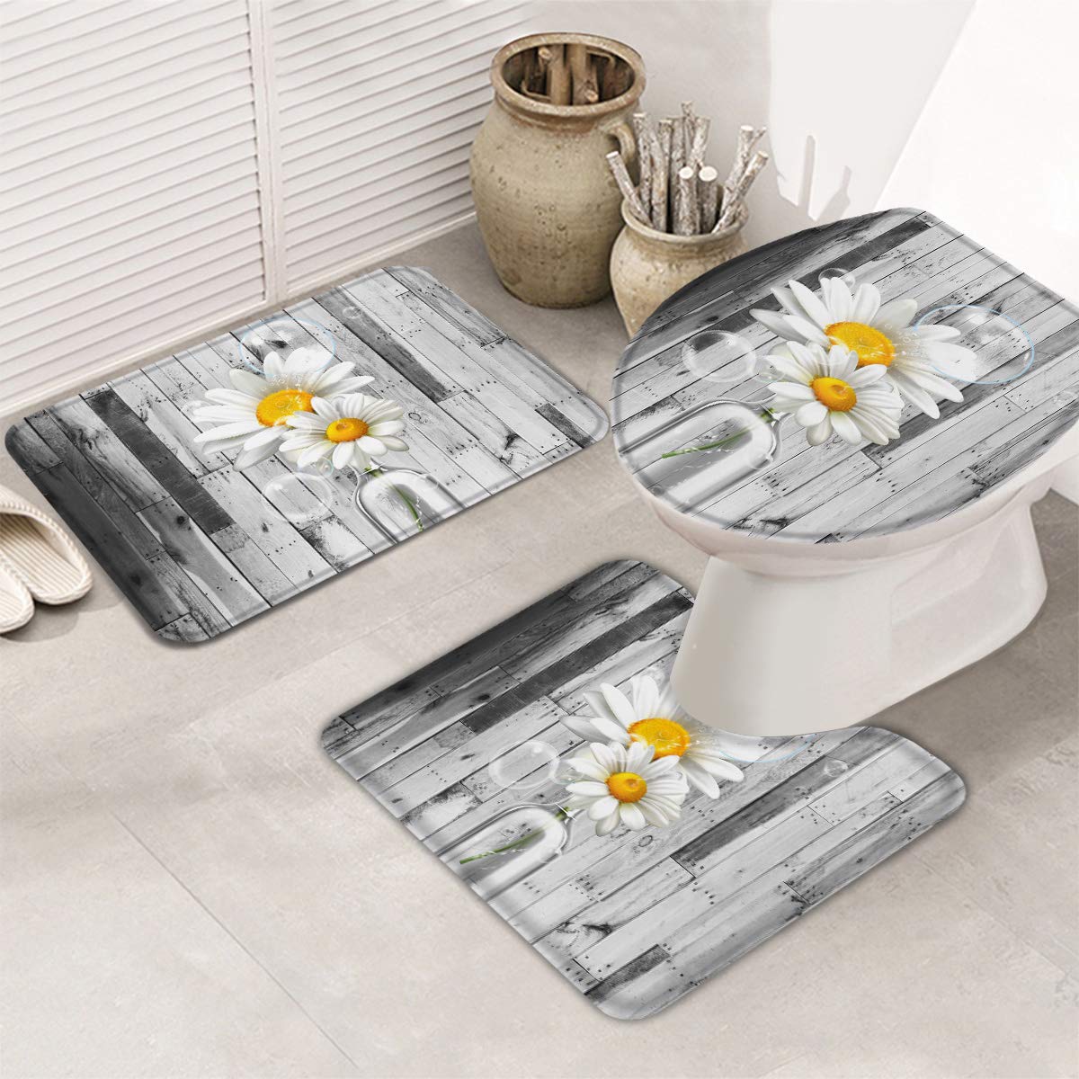 Bathroom Rugs and Mats Set 3 Pcs, Farm White Daisy Flowers in Glass Vase Anti Slip Soft Mats Water Absorbent Bath Rug, Lid Cover, U-Shaped Contour Rug, Retro Grey Wooden Board