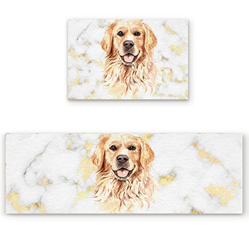 Big buy store Kitchen Rug Sets 2 Piece Golden Retriever Non Slip Anti Fatigue Floor Mats Marble Pattern Comfort Soft Absorb Cushioned Standing Doormat Runner Rugs (15.7x23.6+15.7x47.2 inch)