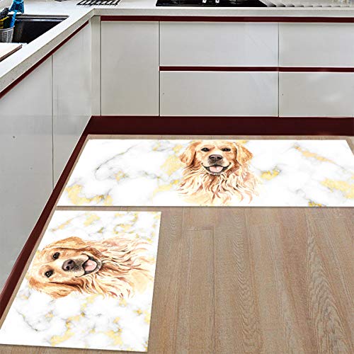 Big buy store Kitchen Rug Sets 2 Piece Golden Retriever Non Slip Anti Fatigue Floor Mats Marble Pattern Comfort Soft Absorb Cushioned Standing Doormat Runner Rugs (15.7x23.6+15.7x47.2 inch)