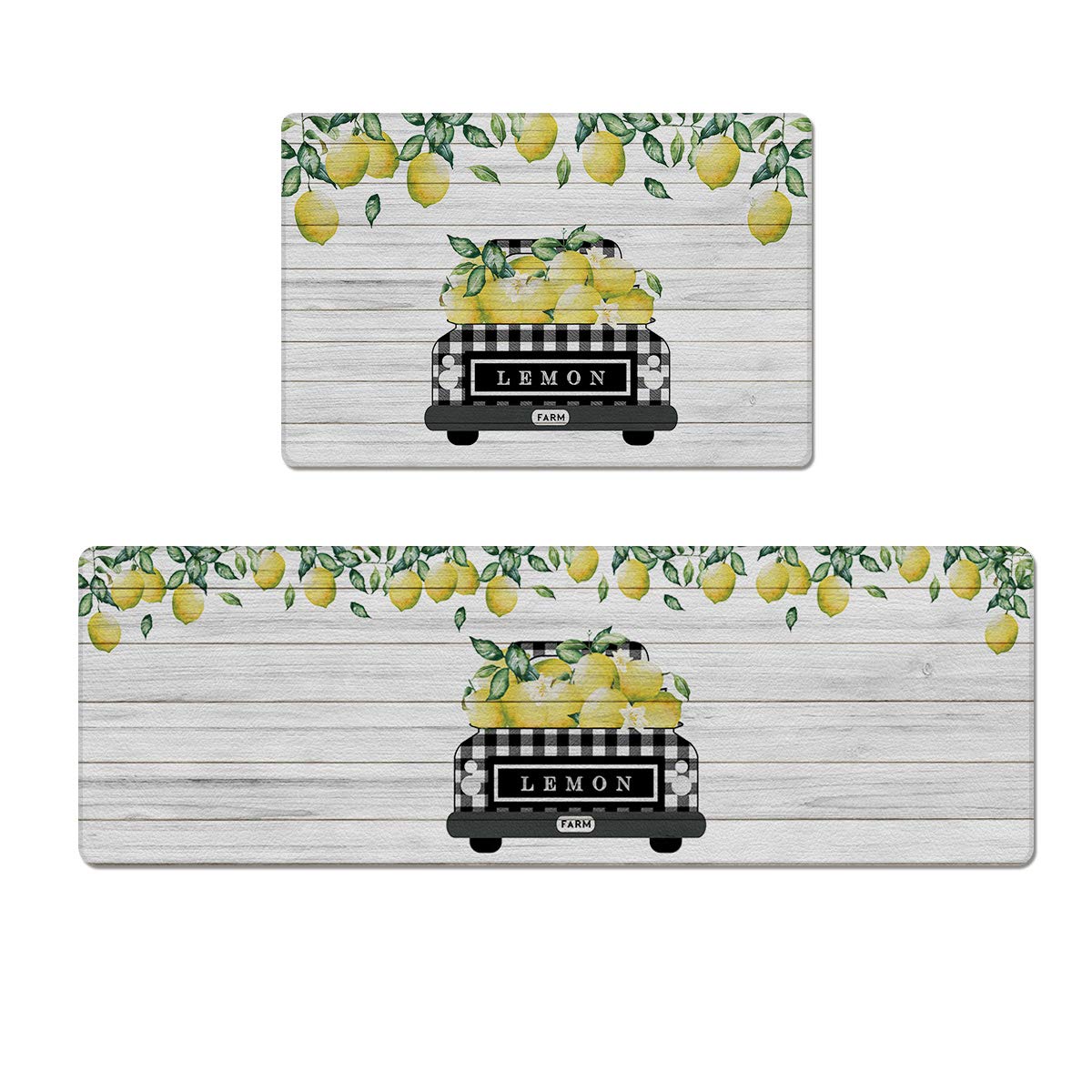 Prime Leader 2 Piece Non-Slip Kitchen Mat Rug Rubber Backing Doormat Set Happy Summer Farm Fresh Lemon Truck Kitchen Rugs Comfort Standing Mat PVC Leather Floor Mat 18"x30"+18"x59"