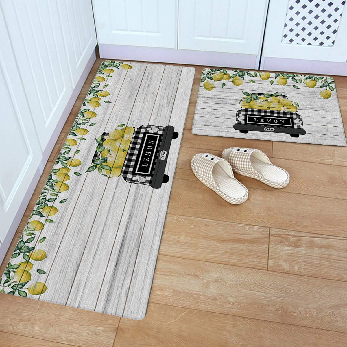 Prime Leader 2 Piece Non-Slip Kitchen Mat Rug Rubber Backing Doormat Set Happy Summer Farm Fresh Lemon Truck Kitchen Rugs Comfort Standing Mat PVC Leather Floor Mat 18"x30"+18"x59"