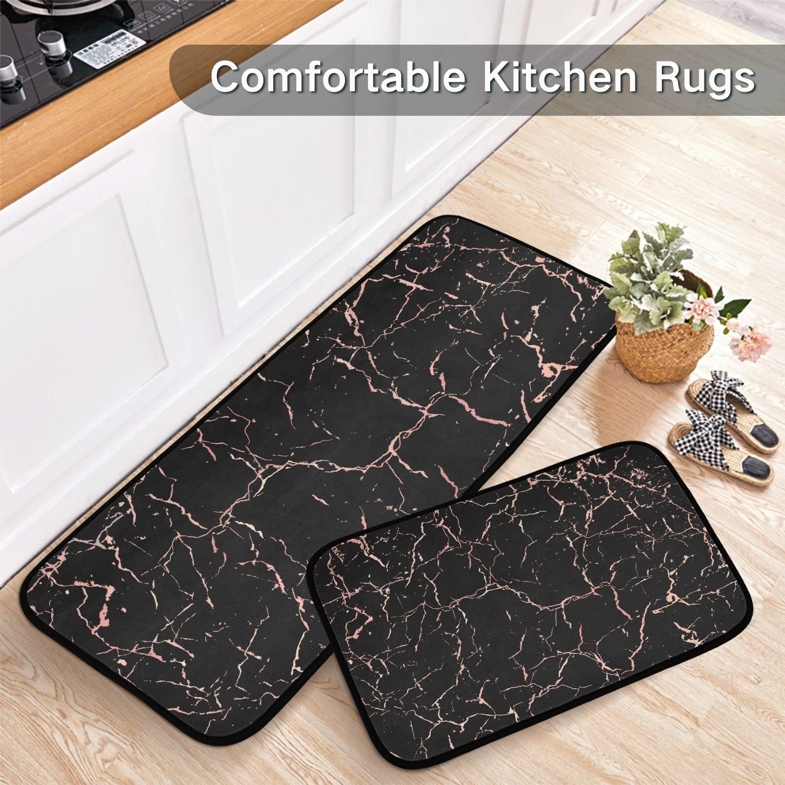 Rose Gold Marble Texture Kitchen Rugs Set 2 Pieces Washable Kitchen Mat Non-Slip Soft Absorbent Microfiber Bath Doormat Carpet Runner Rug Set for Floor Sink 20"x28"+20"x47"