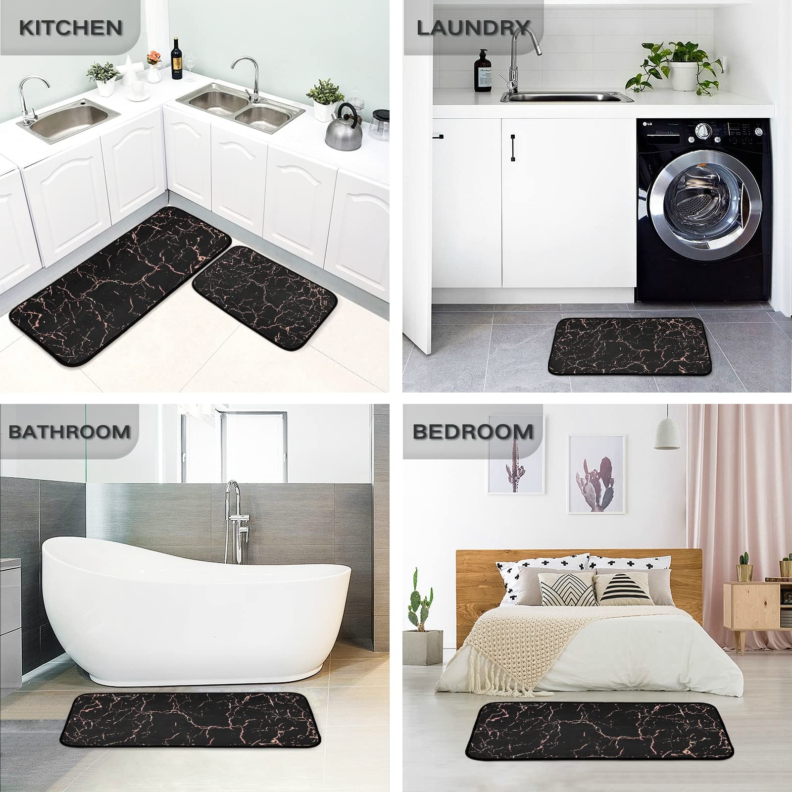 Rose Gold Marble Texture Kitchen Rugs Set 2 Pieces Washable Kitchen Mat Non-Slip Soft Absorbent Microfiber Bath Doormat Carpet Runner Rug Set for Floor Sink 20"x28"+20"x47"