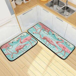 xigua 2 Pieces Tropical Plants Flamingos Kitchen Rugs and Mats Set Absorbent Soft Microfiber Bath Mat Non-Slip Doormat Laundry Runner Set, 19.7"x47.2"+19.7"x27.6"