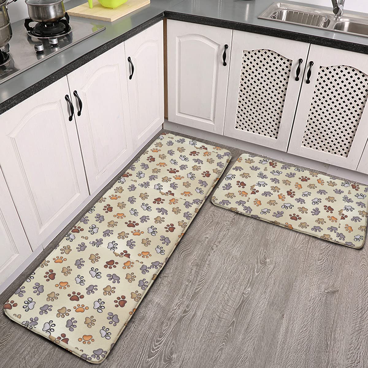 2 Pcs Soft Kitchen Rug Set Washable Doormat Carpet Retro Dog Paw Print Non-Slip Kitchen Mats and Rugs Area Runner Rugs 17.7"x59"+17.7"x29.5"