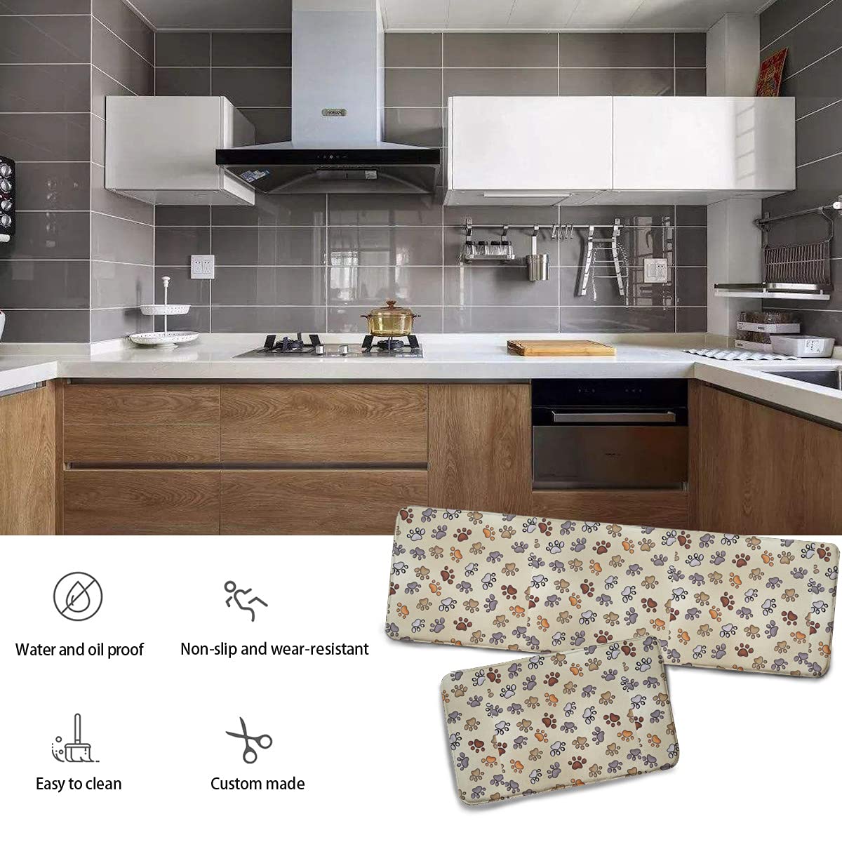 2 Pcs Soft Kitchen Rug Set Washable Doormat Carpet Retro Dog Paw Print Non-Slip Kitchen Mats and Rugs Area Runner Rugs 17.7"x59"+17.7"x29.5"