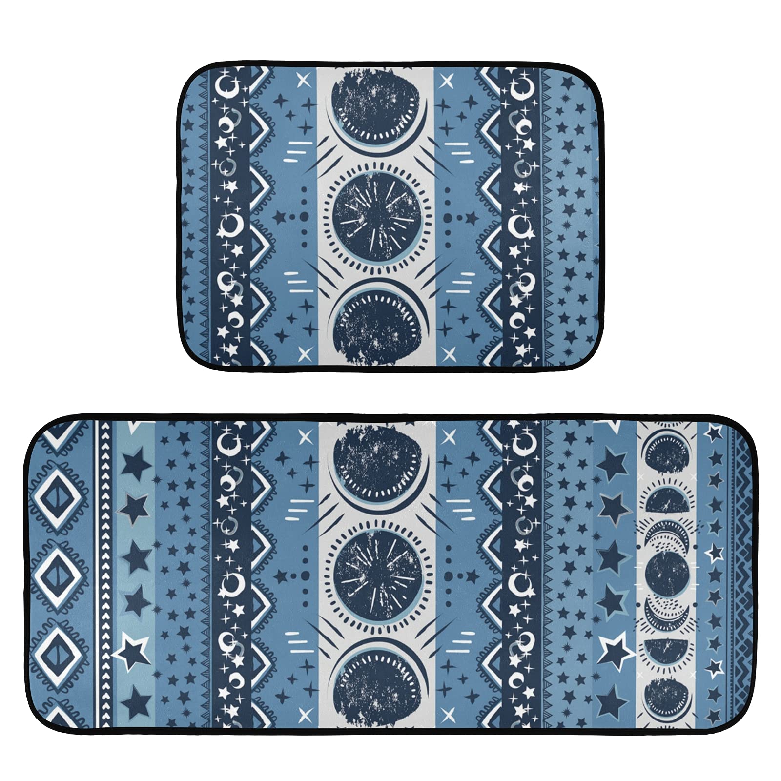 ALAZA Moon Phases Tribal Kitchen Rug Set, 2 Piece Set, Non-Slip Floor Mat for Living Room Bedroom Dorm Home Decor, 19.7 x 27.6 Inch + 19.7 x 47.2 Inch