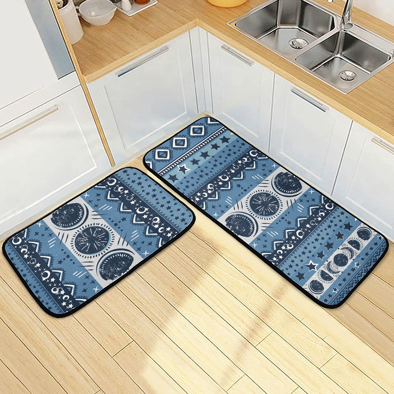 ALAZA Moon Phases Tribal Kitchen Rug Set, 2 Piece Set, Non-Slip Floor Mat for Living Room Bedroom Dorm Home Decor, 19.7 x 27.6 Inch + 19.7 x 47.2 Inch