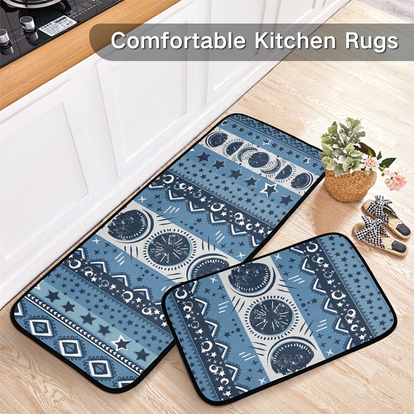 ALAZA Moon Phases Tribal Kitchen Rug Set, 2 Piece Set, Non-Slip Floor Mat for Living Room Bedroom Dorm Home Decor, 19.7 x 27.6 Inch + 19.7 x 47.2 Inch