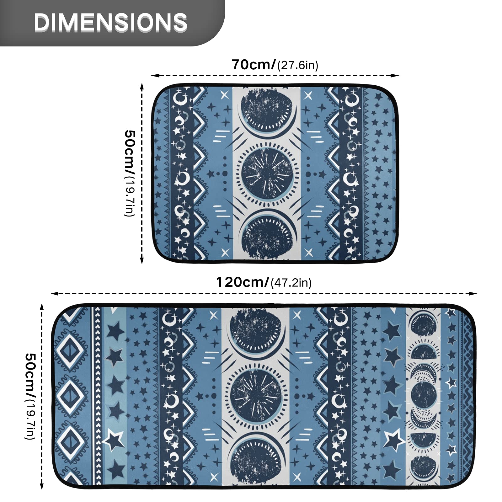 ALAZA Moon Phases Tribal Kitchen Rug Set, 2 Piece Set, Non-Slip Floor Mat for Living Room Bedroom Dorm Home Decor, 19.7 x 27.6 Inch + 19.7 x 47.2 Inch