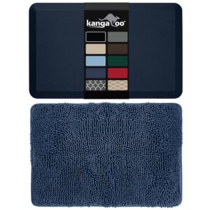 kangaroo anti fatigue cushion mat and chenille bath rug, antifatigue mat size 32x20, foam pad relieves pressure, bath rug size 36x24, machine washable, both in navy, 2 item bundle