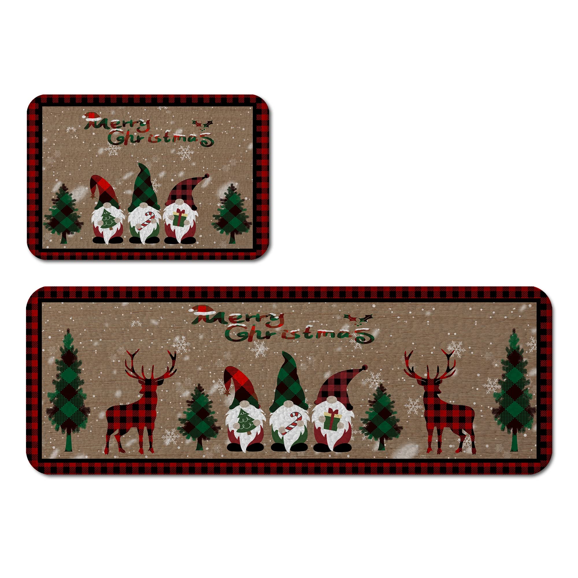 Subently Christmas Kitchen Mats Anti Fatigue Set of 2 Deco Gnome Kitchen Runner Floor Mats Non-Slip Area Carpets Christmas Tree Deer Kitchen Runner Set Country Farmhouse Washable Doorway Sink Bathroom